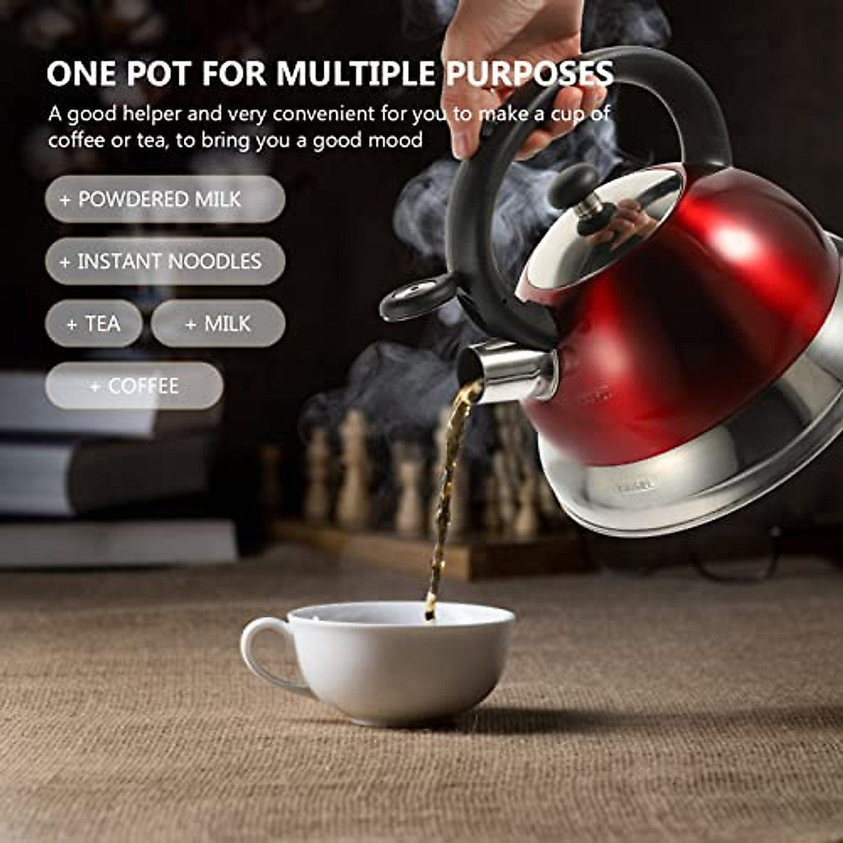 HEMOTON Tea Kettle Tea Kettle Tea Kettle Red Stainless Steel Whistling Tea Coffee Kettle with Heat Proof Handle Kitchen Grade Stainless Steel Teapot Stovetops Tea Pot Tea Pot Tea Pot