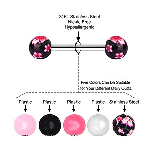 COCHARM 5Pcs Plastic Tongue Rings for Women 14g Pink Kitty Tongue Ring Acrylic Cute Tongue Piercing Jewelry Kawaii Girl Tongue Rings