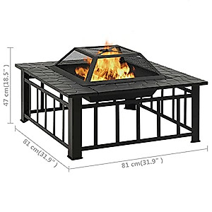 32in Firepit with Spark Screen,Square Firepit with Waterproof Cover, Poker,3 in 1 Patio Firepit Table BBQ Garden Stove for Outside Wood Burning and Drink Cooling