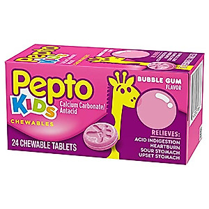 Pepto Kid's Bubblegum Flavor Chewable Tablets for Heartburn, Acid Indigestion, Sour Stomach, and Upset Stomach for Children 24 ct