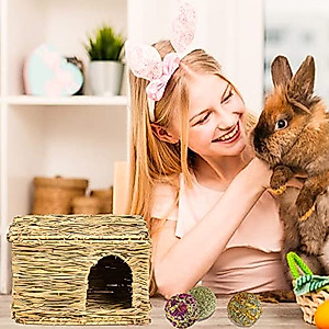 Extra Large House for Rabbits, Hand Crafted Natural Grass Bed Hideaway Hut with Chew Toys for Play Sleep Bunny Guinea Pig Chinchilla Ferret