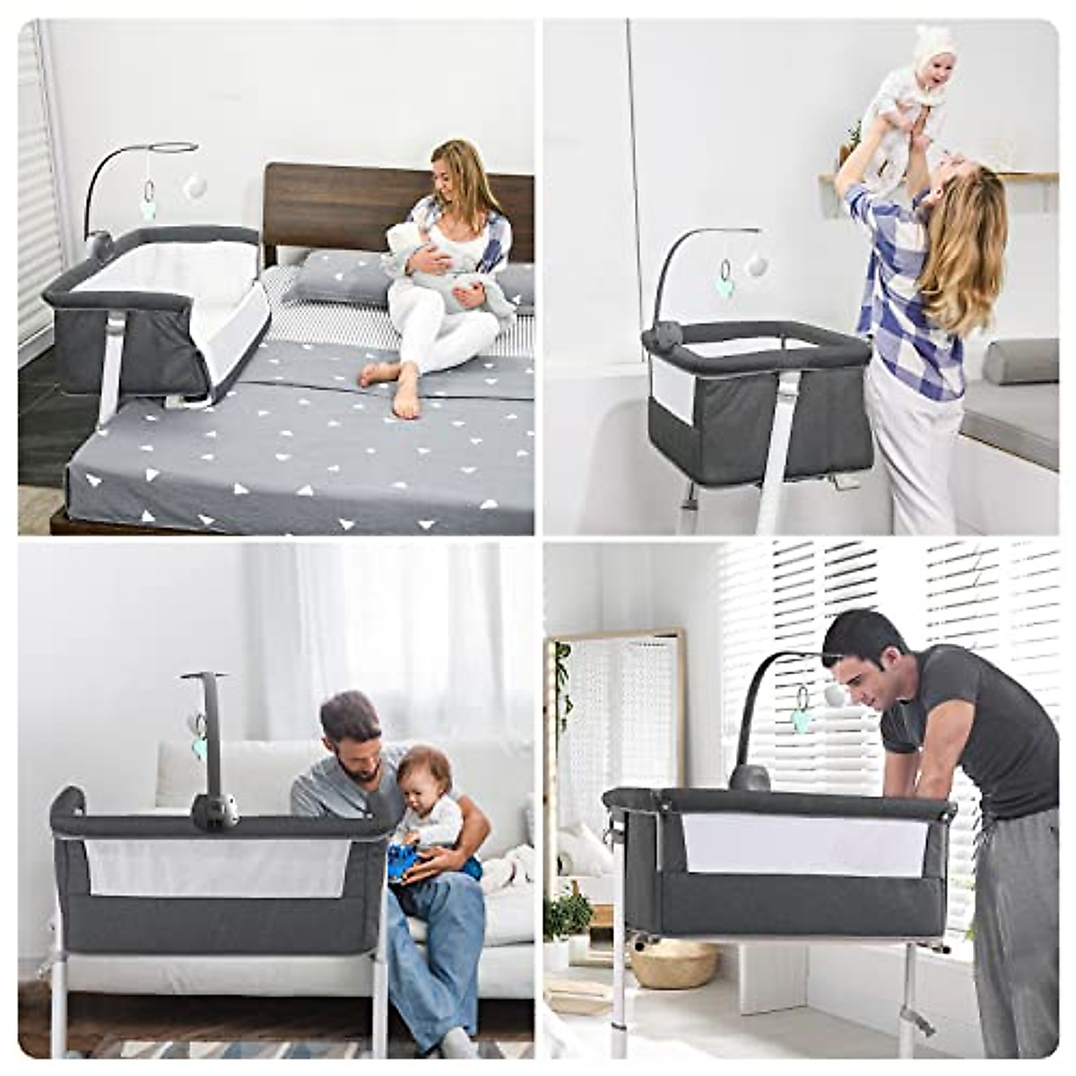 Baby Bassinet, Yacul Bedside Crib Sleeper with Wheels and Music Box, Height Adjustable fit for Bed Height 19" - 26.5", Portable, Dark Gray