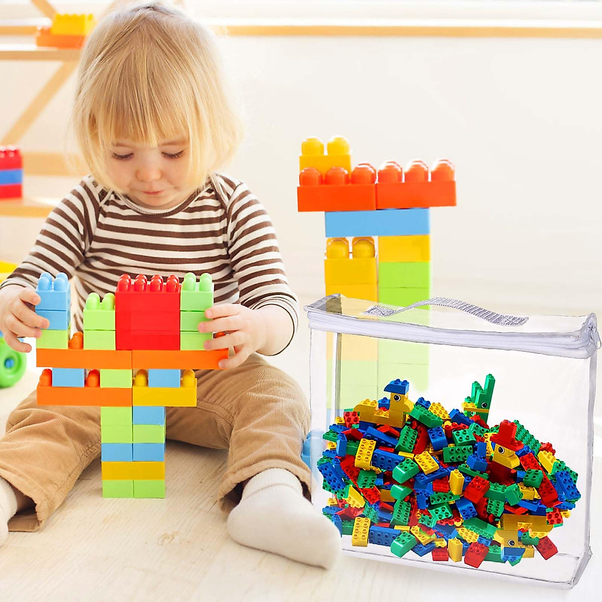 8pcs Toy Storage Bags with Zipper, 12.6x12.2x3.15 Inch Transparent Zipper Pouches for Game Organizing Clear Storage Bags PVC Toy Organizing Bags Toy Bags for Kids Building Blocks Puzzles Toys