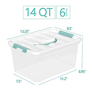 Buyitt Plastic Storage Box with Lids, Clear Plastic Latching Bins, 14 Quart, Pack of 6