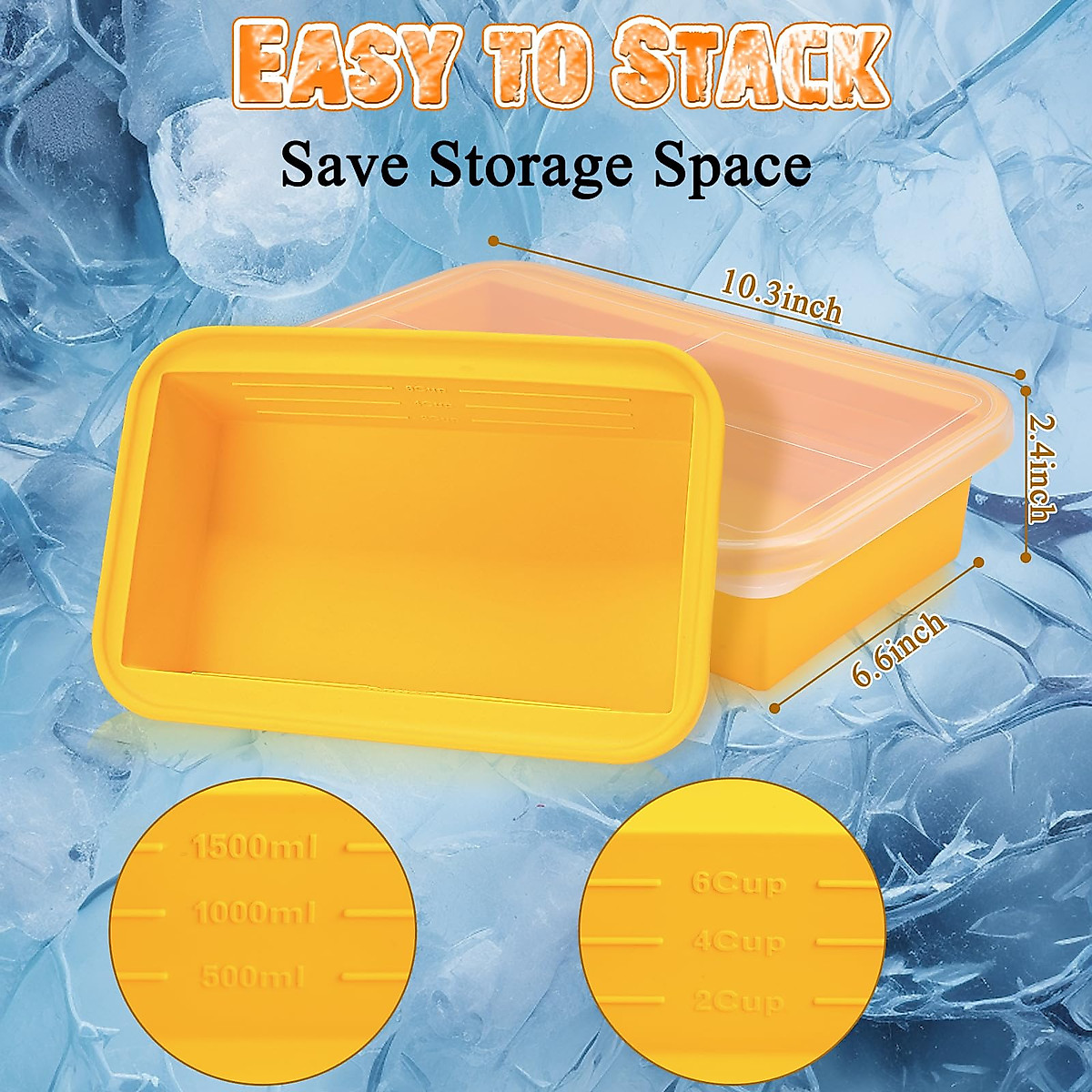 Maxcheck 2 Pcs Large Ice Block Molds 6 Cup Silicone Ice Cube Tray Freezer Containers Molds with Lids and Measurement Lines Silicone Food Storage for Freezing Soup, Stews, Dips or Sauces(Orange)