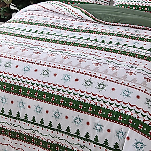 Dinjoy Christmas Comforter Set King Size, Green White Snowflake Christmas Tree Printed Pattern Holiday Bedding Set 3 Pieces, Soft Microfiber Xmas Holiday New Year Gift Bed Comforter 104" x 90"