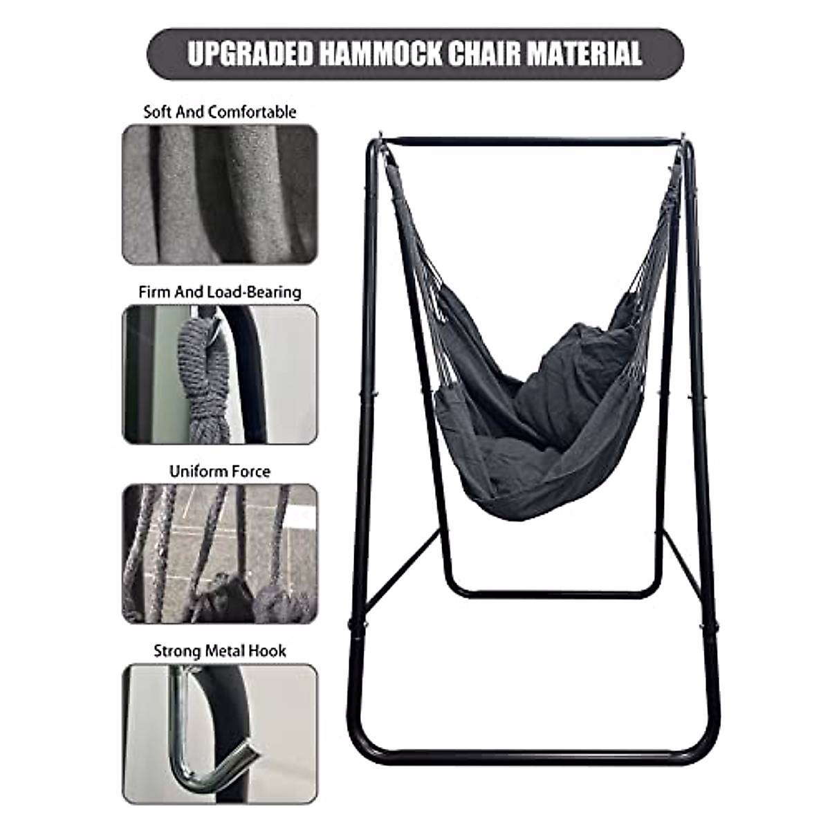 Hammock Chair Stand, Hammock Chair with Stand Including Large Hanging Indoor Swing with 2 Cushions, Hammock Swing Chair with Stand, Max 450 Lbs for Indoor, Outdoor, Patio, Yard (Grey)