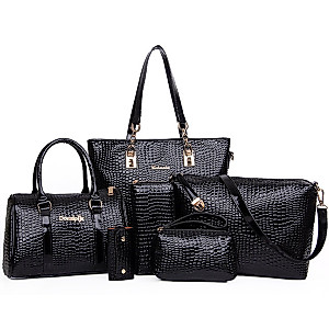 FiveloveTwo Women 6 PCS Handbag Set Hobo Clutch Top Handle Totes Satchels Crossbody Bag Purse Large Bag+Tote+Shoulder Bag+Wallet+Key Holder