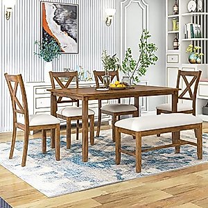 P PURLOVE 6 Piece Dining Table Set, Wood Rectangular Kitchen Table and 4 Cushion Dining Chairs and 1 Cushion Bench, Family Furniture for 6 Persons, Natural Cherry