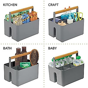 mDesign Plastic Portable Storage Organizer Kitchen Caddy Tote, Divided Bin with Wood Handle for Napkins, Silverware, Forks, Knives, Spoons - Store in Cabinets, Countertops - Charcoal Gray/Natural