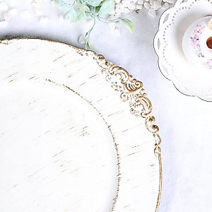 Tableclothsfactory 6 Pack White 13" Round Baroque Charger Plates Leaf Embossed Antique Gold Rim for Tabletop Decor Catering Event