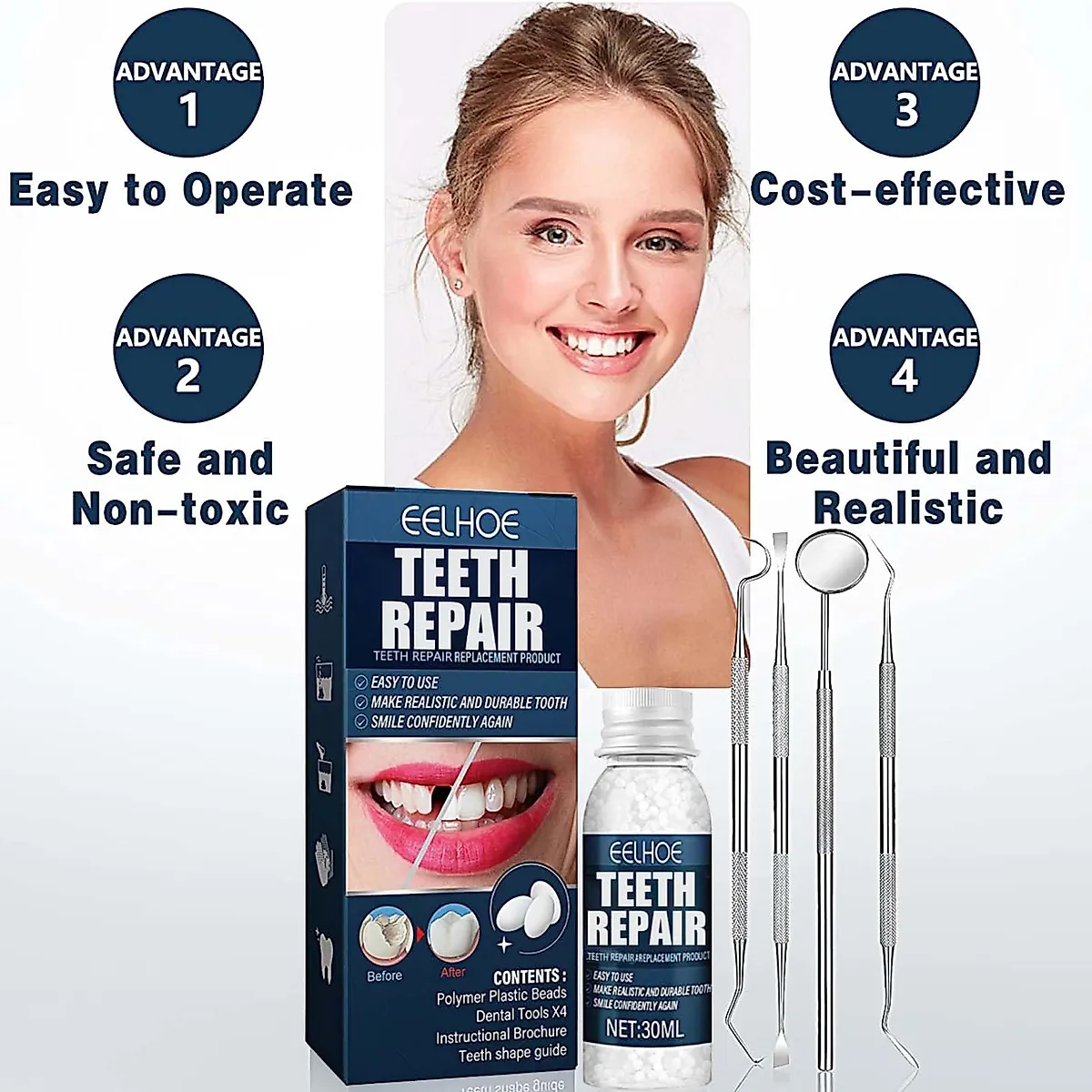 Teeth Repair Kit,Tooth Repair Kit for Missing Teeth, Cavity Filler for Teeth,Temp Tooth Beads with 4 Dental Tools, Repair Missing or Broken Teeth, Snap On Instant and Confident Smile