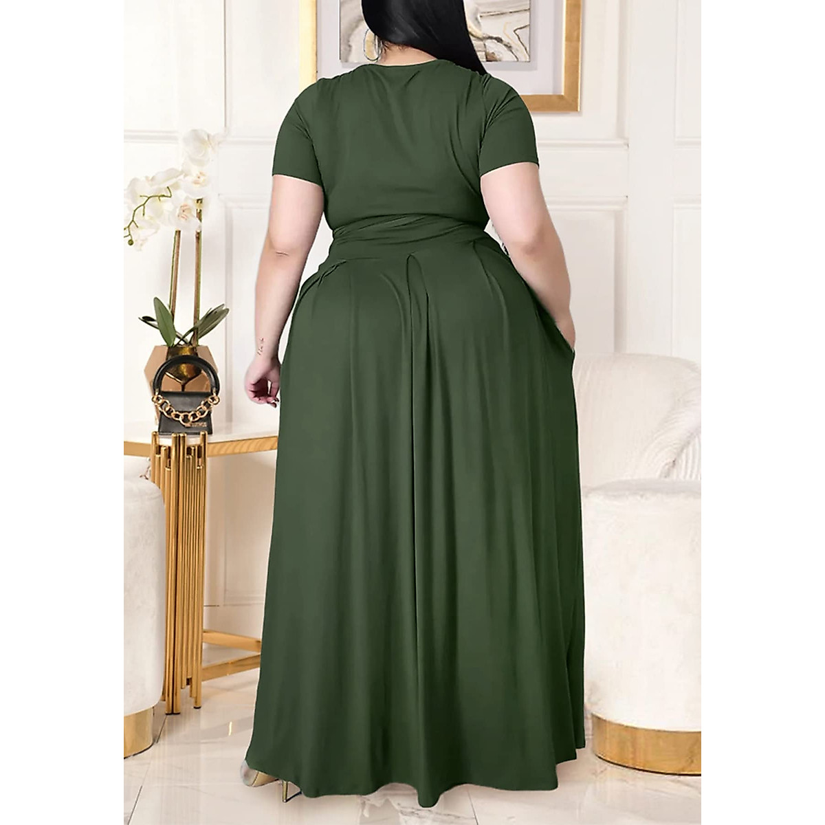 Summer Women's Plus Size 2 Piece Dress Sets Printed High Waisted Maxi Dress Sets Clubwear Tracksuit-Green
