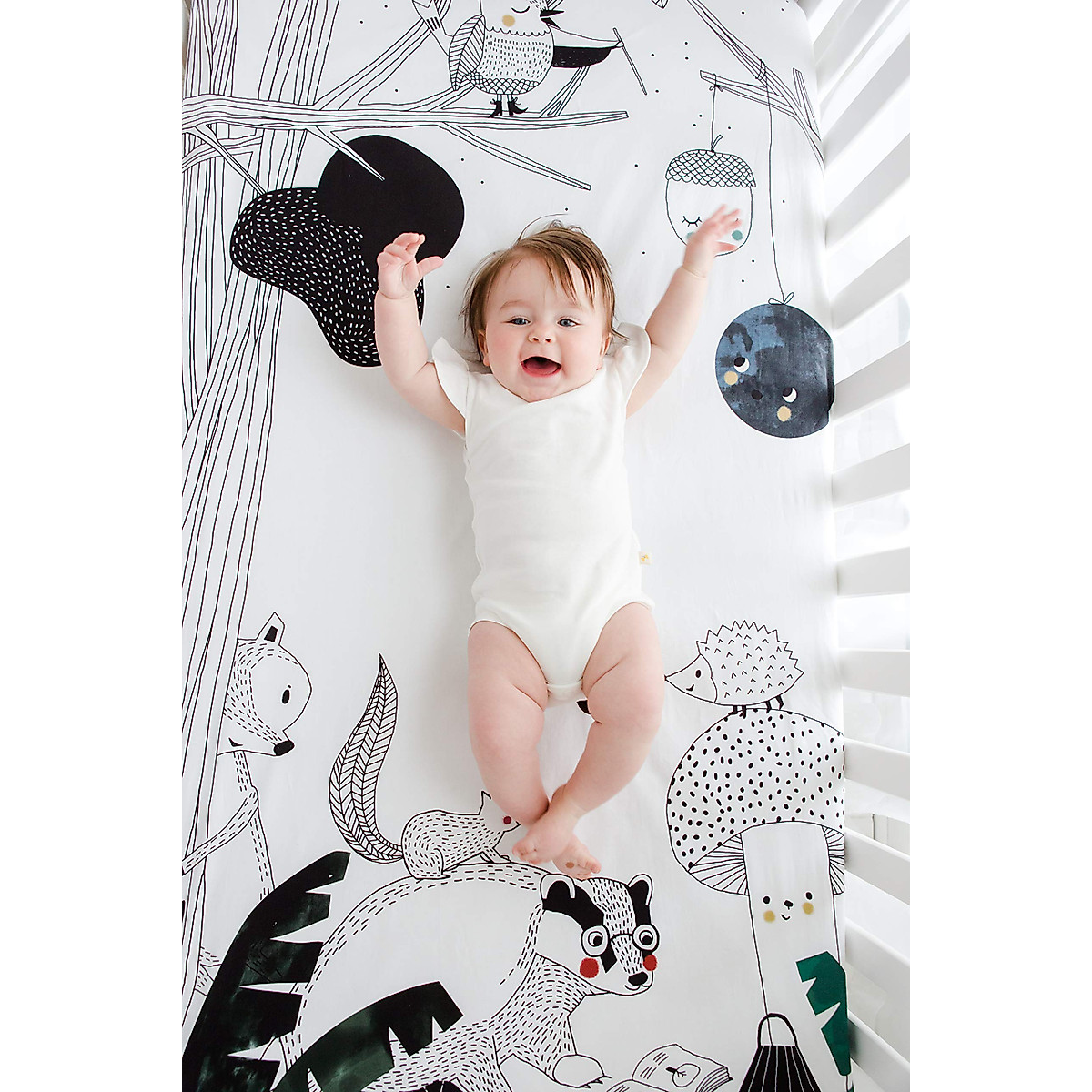 Rookie Humans 100% Cotton Sateen Fitted Crib Sheet: Woodland Dreams. Modern Nursery, Use as a Photo Background for Your Baby Pictures. Standard Crib Size (52 x 28 inches) (Black White)
