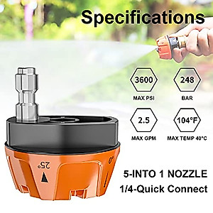 POHIR Adjustable Pressure Washer Nozzle Tip, 5 in 1 Quick Changeover Power Washing Nozzle with 1/4 Quick Connect, Pressure Washer Multi Nozzle Head 3600 PSI