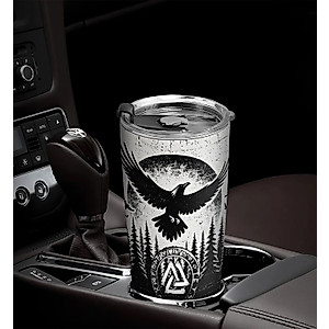 20oz Viking Raven Tumbler, Norse Mythology, Viking Gifts for Men, Vikings Celtic Coffee Thermos, Stainless Steel Double Wall Vacuum Insulated Coffee Mug, Travel Cup with Lid