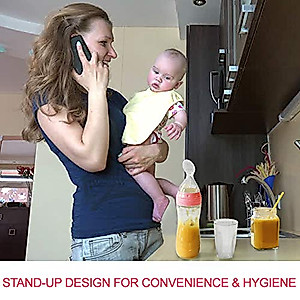 Baby Mate 4oz & 3oz Silicone Baby Food Dispensing Spoon Combo (Pink, Ideal for 4 Months+ Babies) FDS - Infant Feeders for Cereal and Baby Food - Silicone Squeeze Feeder with Spoon - Solid Feeding