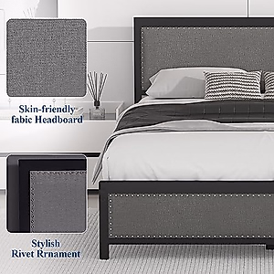 VECELO Queen Size Bed Frame with Linen Fabric Headboard and Footboard, Heavy-Duty Platform with Strong Steel Slats, No Box Spring Needed, Easy Assembly, Grey