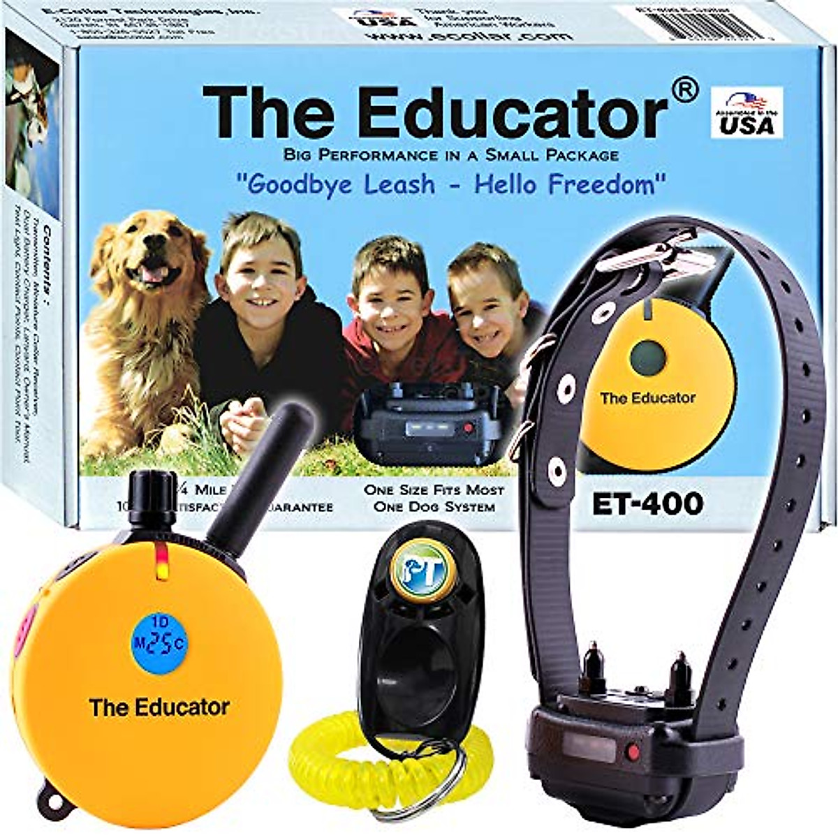 Educator ET-400-3/4 Mile Rechargeable Dog Trainer Ecollar with Remote for Medium and Large Dogs by E-Collar Technologies - Electric, Vibration and Tone Stimulation Collar w/PetsTEK Training Clicker
