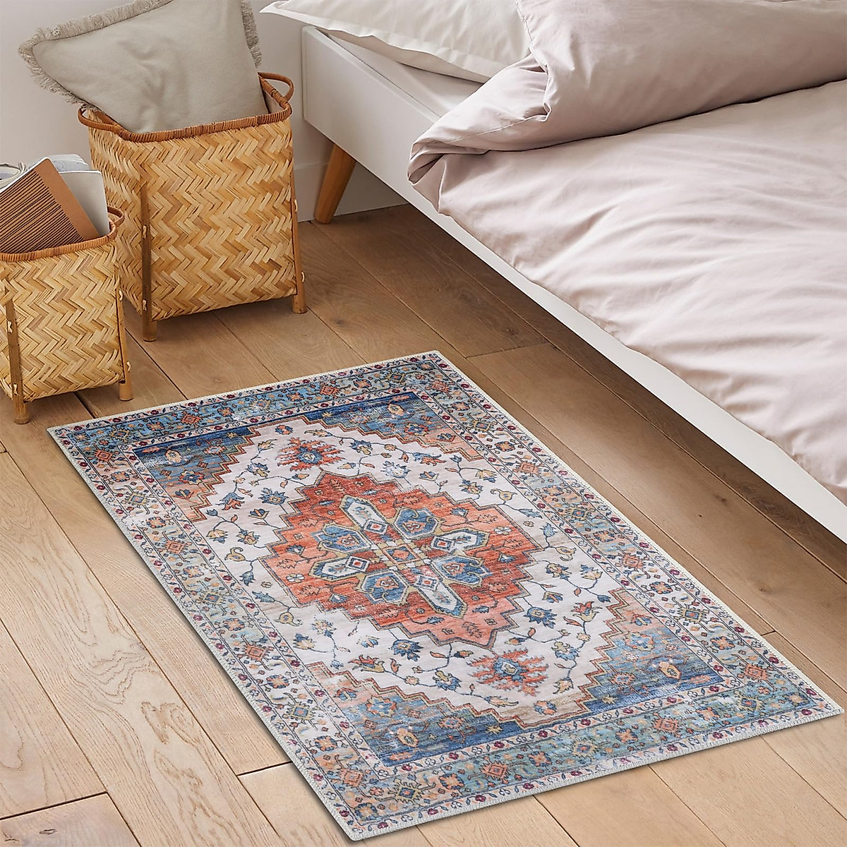 COMSLE Area Rug 2x3 Faux Wool Throw Rug for Entryway, Boho Washable Small Rugs Non-Slip Distressed Carpet Soft Accent Floor Rug for Indoor Entrance, Bedroom, Living Room, Kitchen (Rust Red)