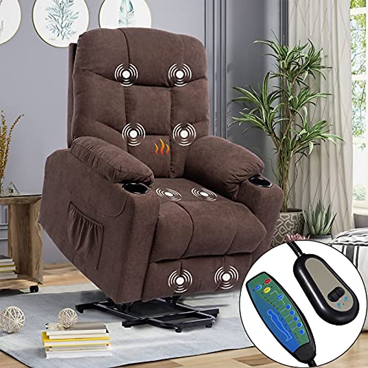 Living Room Power Lift Massage Recliner Chair for Elderly Heated Ergonomic Lounge Fabric Vibratory Massage Chair with Cup Holders/Heating/Remote Control