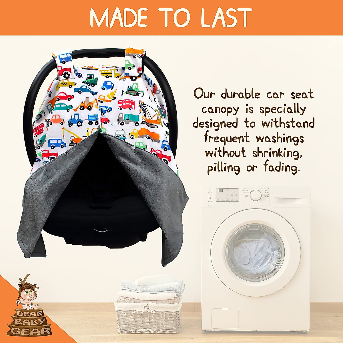 Dear Baby Gear Car Seat Canopy - Premium Infant Car Seat Cover for Maximum Protection and Style - Breathable - Car Seat Canopy - for Baby - Cars, Trucks, Heavy Equipments/Gray Smooth, 40" x 30"