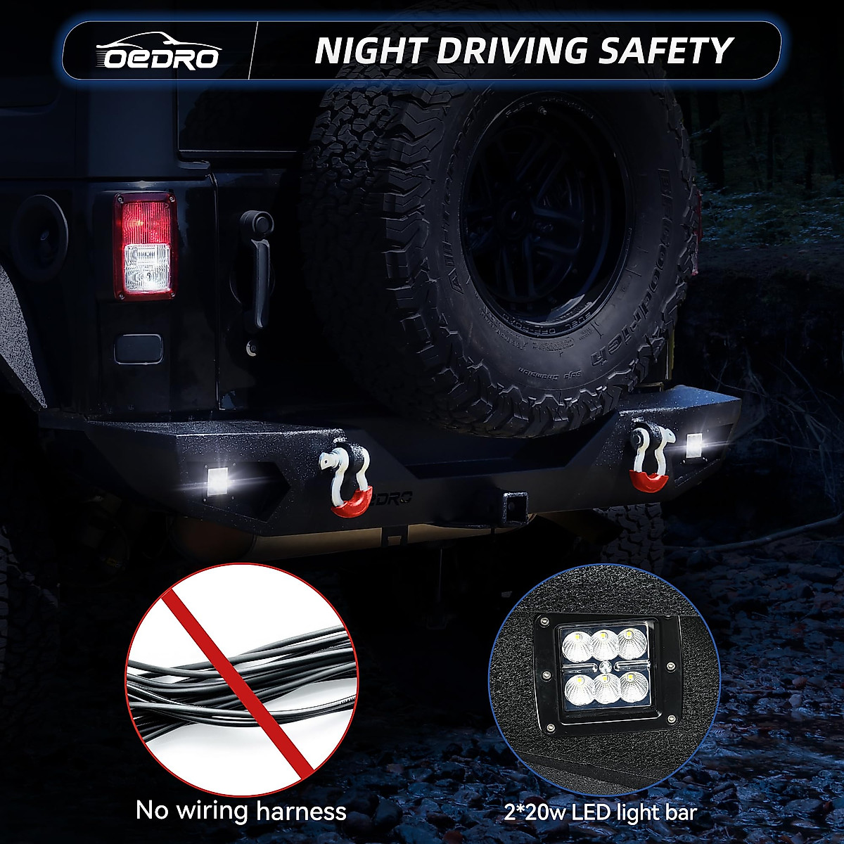 OEDRO Rear Bumper Compatible for 2007-2018 Jeep Wrangler JK Unlimited, Rock Crawler Bumper with Hitch Receiver & 2X LED Lights Off Road Textured Black