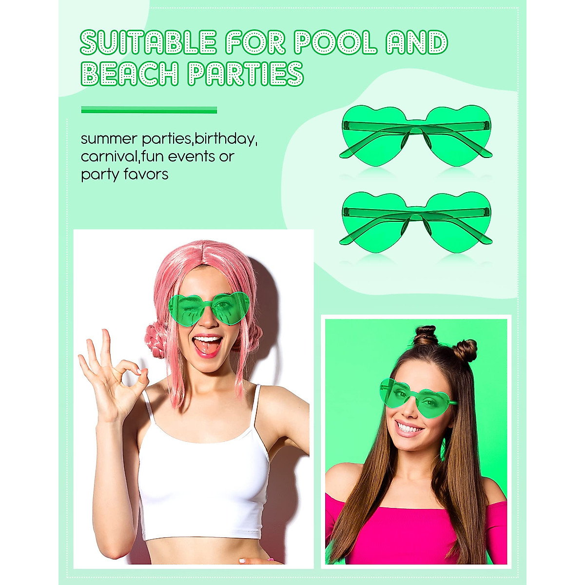 Colzzy Pcs Heart Shaped Rimless Sunglasses Transparent Colorful Frameless Glasses Eyewear Bachelorette Party (Fluorescent Green)