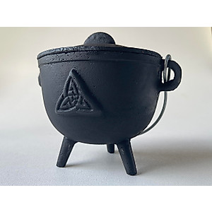 Triquetra Cast Iron Cauldron with Lid and Handle, Witches Cauldron, Great for Use with Charcoal Incense, Smudge Sage, 4.25"-4.5"
