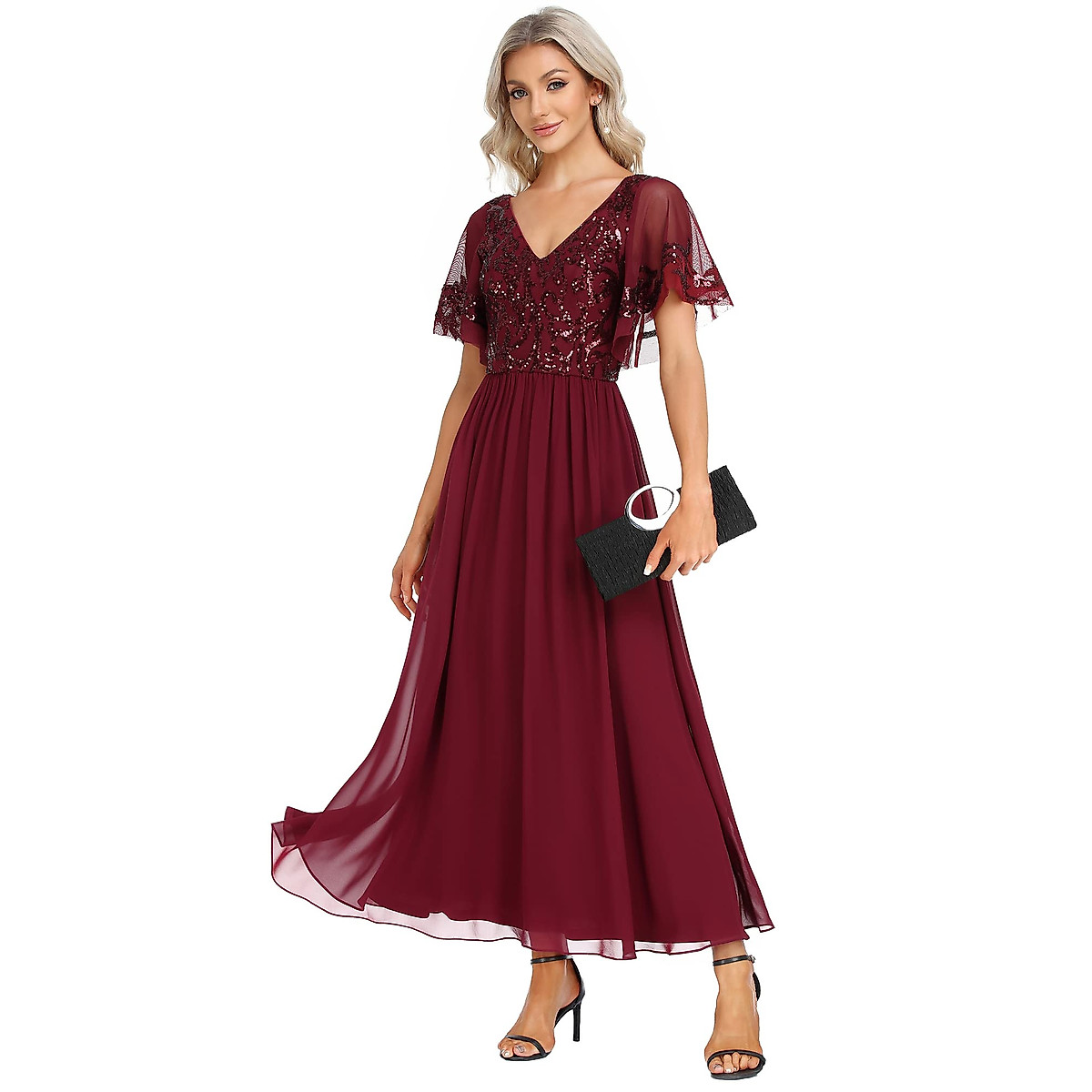 Ever-Pretty Women's Sequin Ruffle Sleeve V Neck A-Line Pleated Open Back Long Chiffon Formal Dresses Burgundy US26