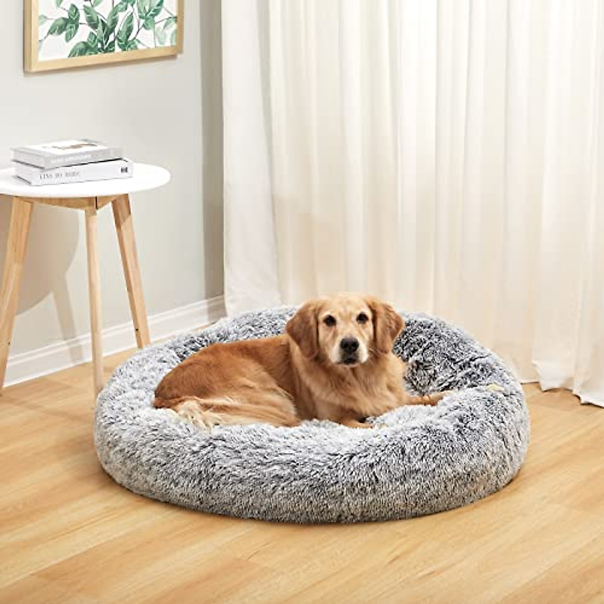 Bedfolks Calming Donut Dog Bed, 36 Inches Round Fluffy Dog Beds for Large Dogs, Anti-Anxiety Plush Dog Bed, Machine Washable Pet Bed (Dark Grey, Large)