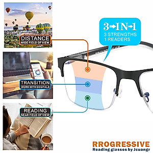 Bifocal Reading Glasses for Men, No Line Bifocals Progressive MultiFocus Readers, Wide Clear Top Transition Non Prescription Multifocal Eyeglasses,Large Anti Blue Light Multi focals Half Frame +1.75