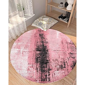 Modern Abstract Fluffy Round Area Rug Carpets 3ft, Plush Shaggy Carpet Soft Circular Rugs, Non-Slip Fuzzy Accent Floor Mat for Living Room Bedroom Nursery Blush Pink Painted Geometric Graffiti Art