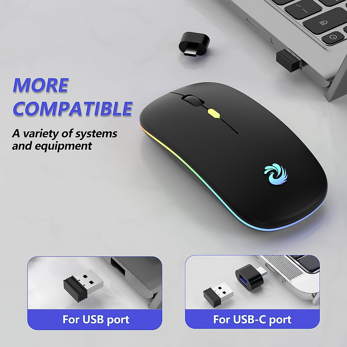 aMZCaSE LED Wireless Mouse, Rechargeable Slim Silent Mice 2.4G Portable Office Optical Mouse with USB Receiver and Type-C Adapter, 3 Adjustable DPI for Laptop, Computer, PC, Notebook, Desktop (Black)