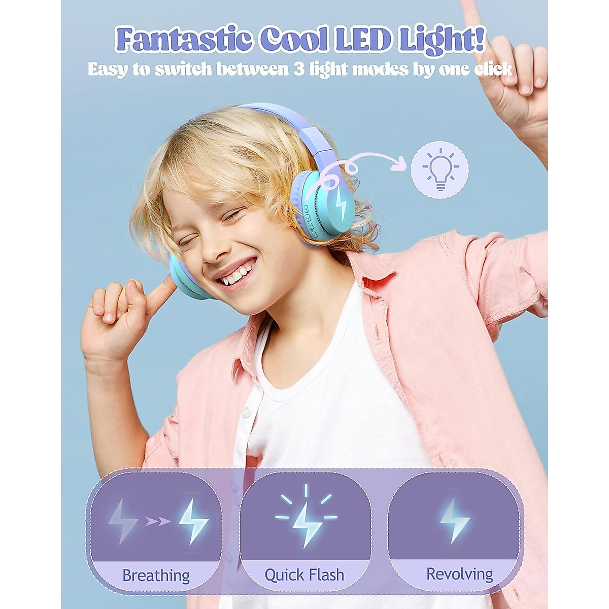 Kids Bluetooth Headphones, Colorful Wireless Over Ear Headset with LED Lights, Built-in Mic, 45H Playtime, 85dB/94dB Volume Limited Headphones for Boys Girls iPad Tablet School Airplane Green Purple