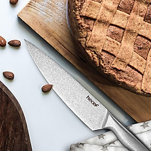 hecef Vintage Style Kitchen Knife Sets,Scratch Resistant Camping Matte Knives with 5 Slots Recycled Oxford Cloth Knife Roll Bag & Covers,Stonewashed High Carbon Stainless Steel Blades & Hollow Handle