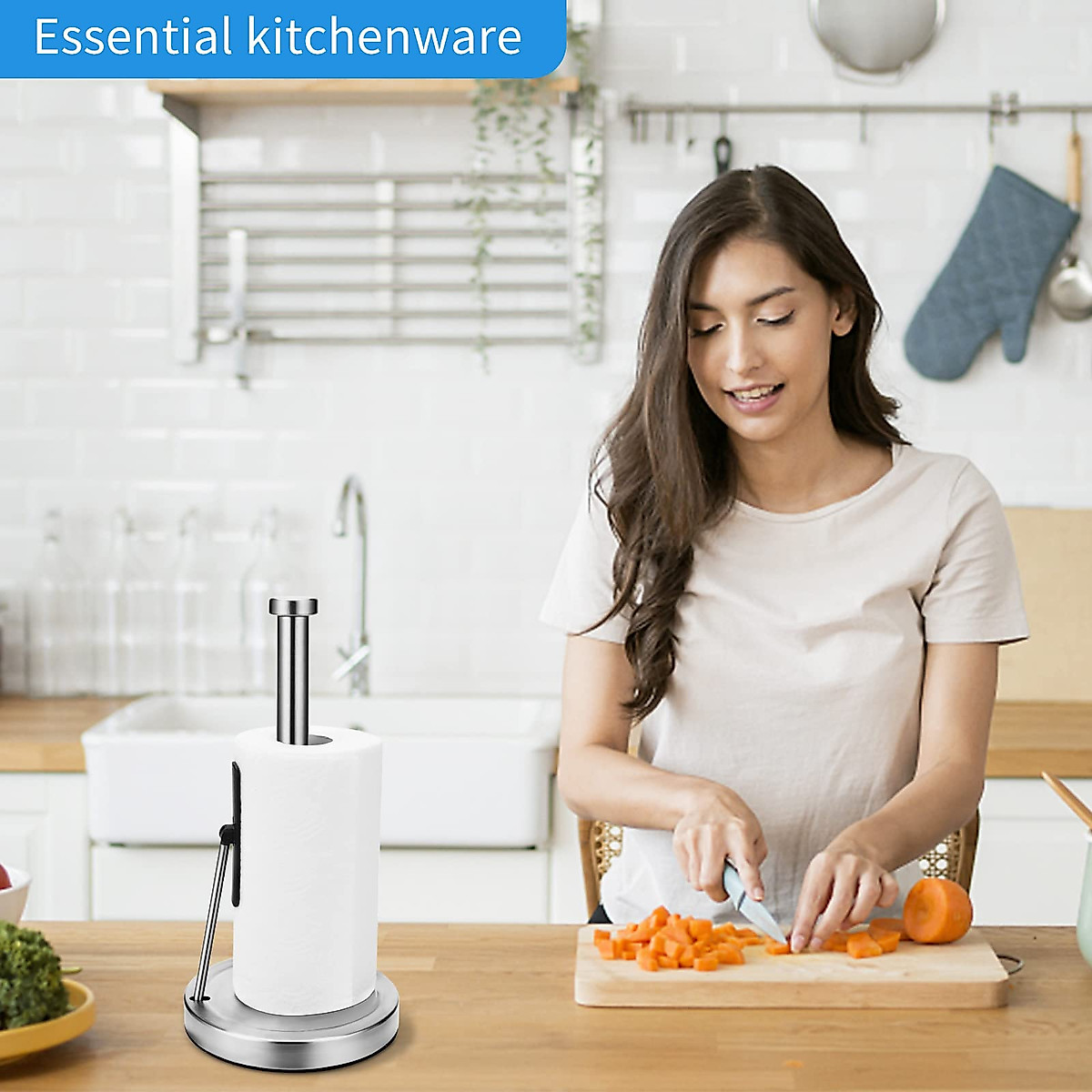 LEISURESHARE Paper Towel Holder Countertop, Stainless Steel Standing Paper Towel Roll Holder for Kitchen Bathroom, with Weighted Base for One-Handed Operation(Silver Fine Packaging)