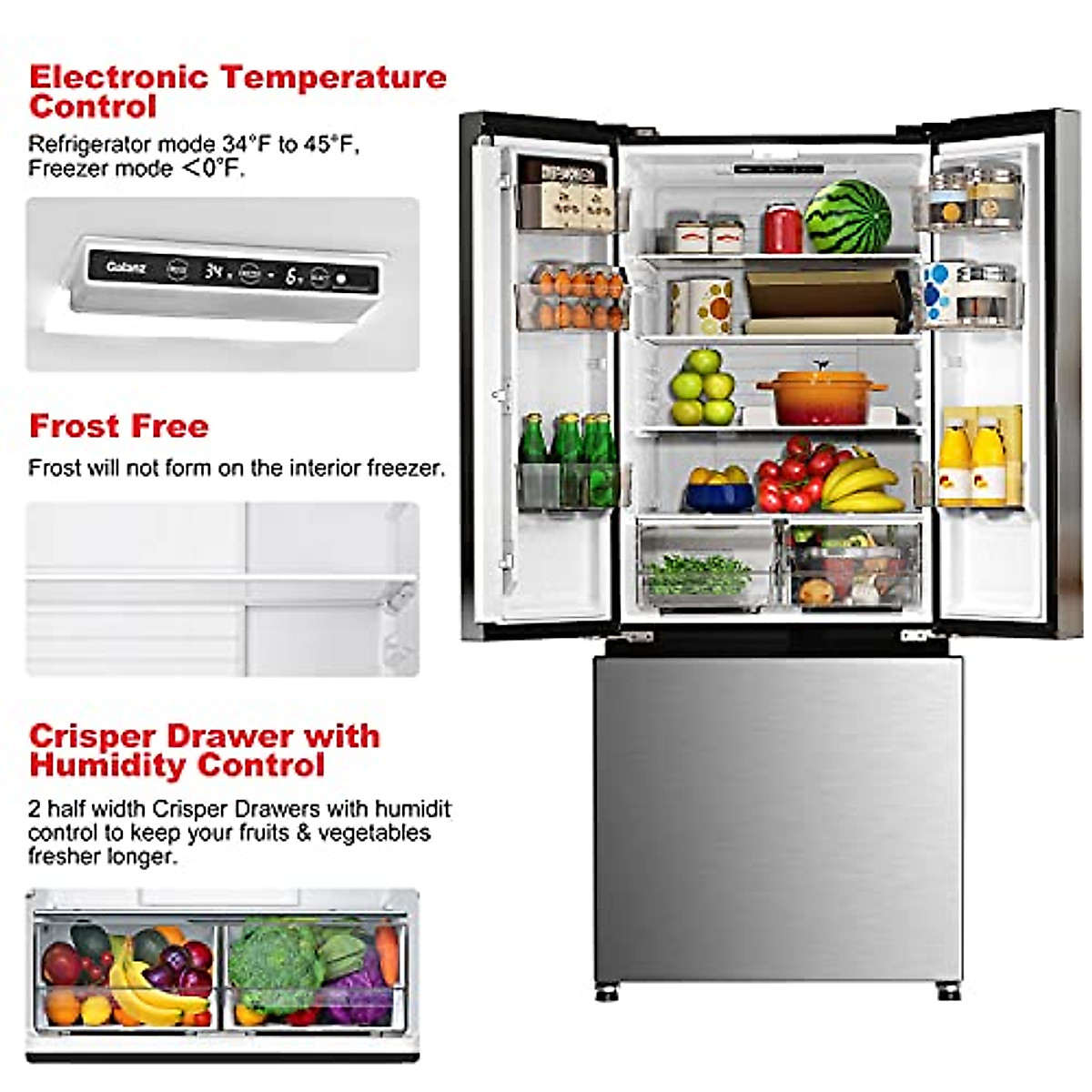 Galanz GLR16FS2D08 3 French Door Refrigerator with Bottom Freezer & Adjustable Thermostat, 16 Cu Ft, Stainless Steel