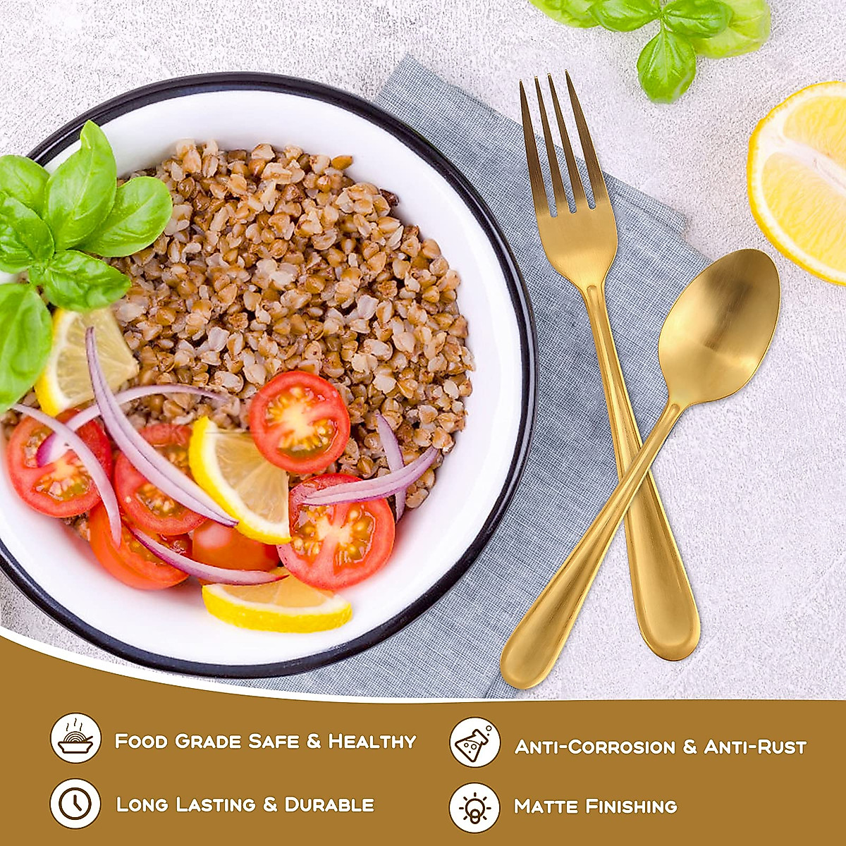 Matte Gold Silverware Set - viishow 20-Piece Stainless Steel Flatware Set for 4, Matte Gold Tableware Modern Satin Finished Kitchen Cutlery Set Eating Utensils Set, Dishwasher Safe