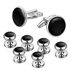 Jstyle Mens Cufflinks and Studs Set Tuxedo Shirts Classic Black&Silver Match for Business Wedding Formal Suit