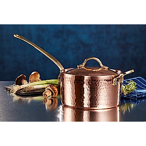 DEMMEX 1mm Thick Hammered Unlined Uncoated Solid Copper Sugar Sauce Zabaglione Pan Candy Jam Caramel Dessert Pot with Lid and Helper Handle, Handmade in Turkey, (1.7-Quart)