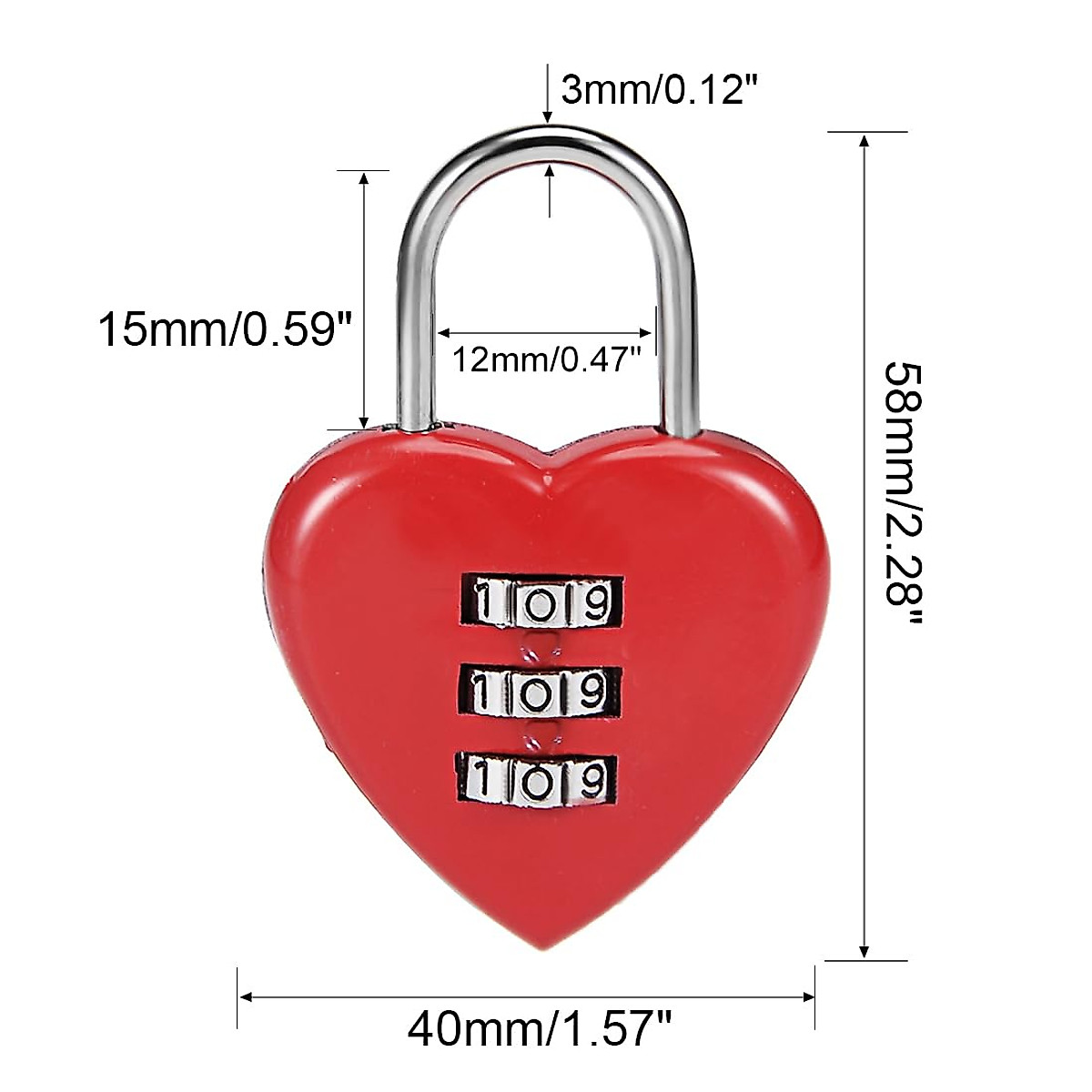 uxcell 3 Digit Combination Padlock, 3mm Shackle, Zinc Alloy Lock Heart Shaped, Red