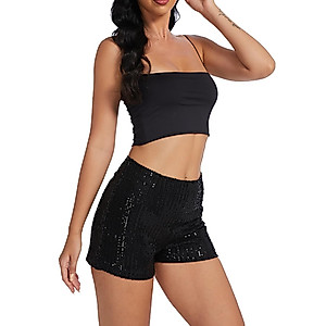 Sequin Shorts for Women High Waist Elastic Sparkly Straight Leg Short Glitter Sparkle Hot Pants Solid Party Black S
