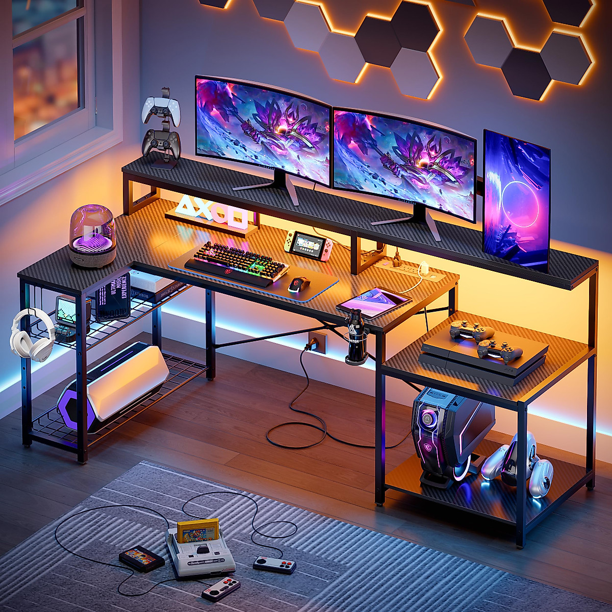 Bestier Gaming Desk with Power Outlets, 71.5 LED Computer Desk with Long Monitor Stand, Large L Shaped Corner Desk with Storage Shelf, Cup Holder Headset Hooks, Cool Desk for Gaming Room, Black