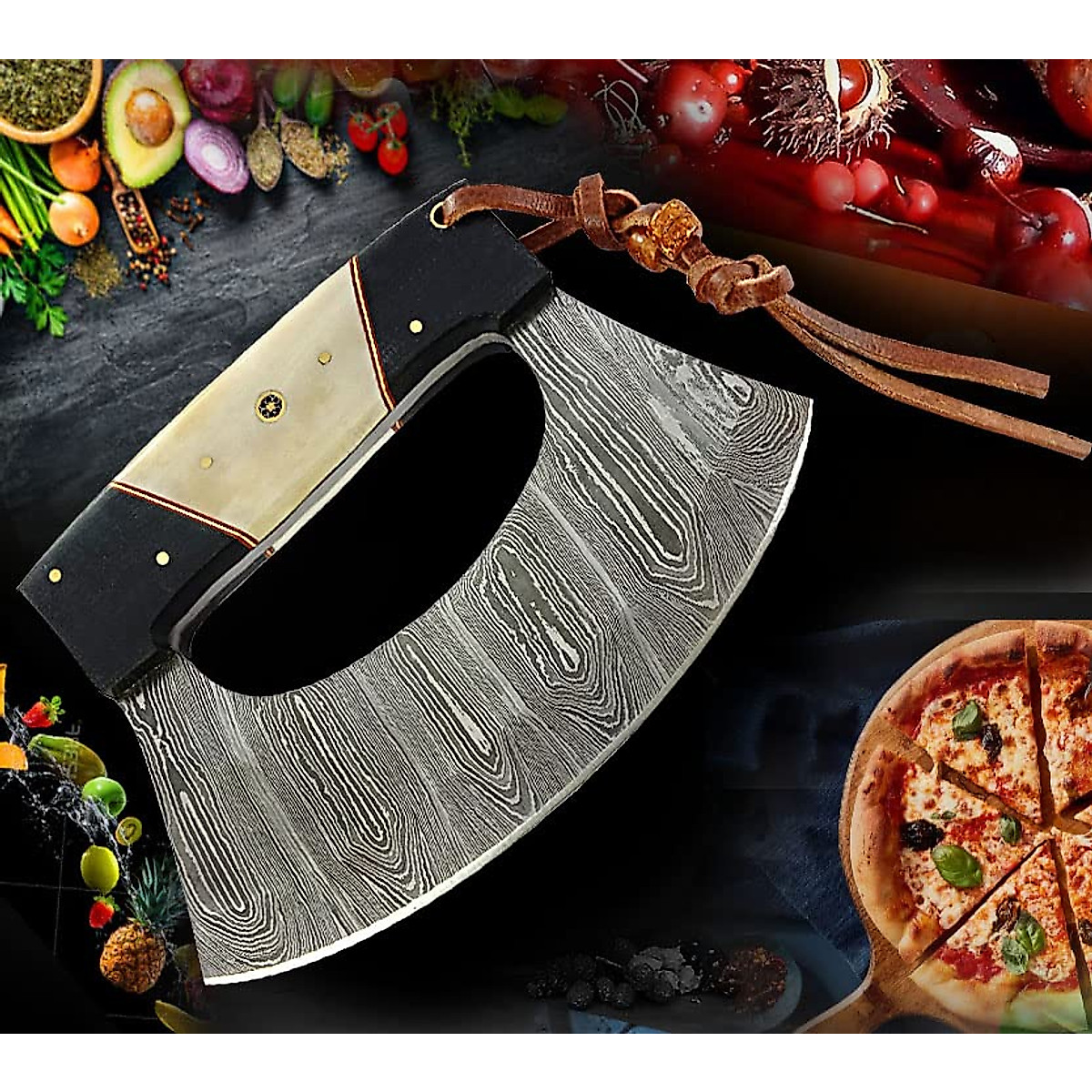 Damascus Steel alaskan Ulu Knife - Fixed Blade knife for Chopping Boning Slicing Cutting with Leather Sheath. SM149