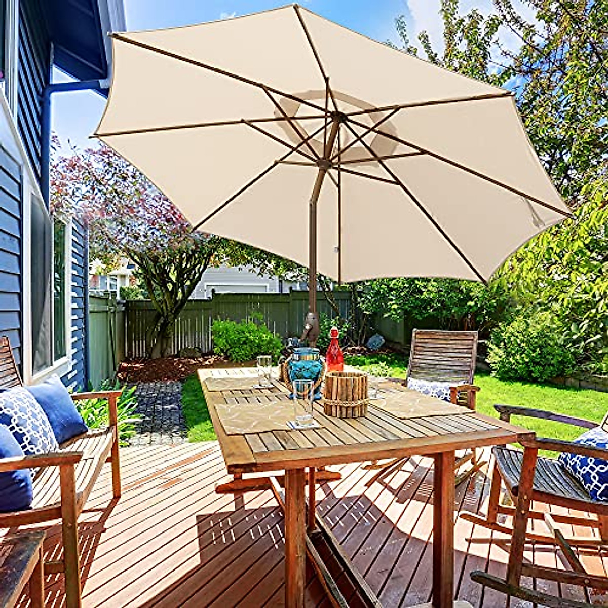 Abba Patio 9ft Patio Umbrella Outdoor Market Table Umbrella with Push Button Tilt and Crank for Garden, Lawn, Deck, Backyard & Pool, 8 Sturdy Ribs, Beige