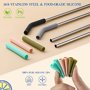 12-Pcs Reusable Metal Straws with Silicone Tips, Stainless Steel Drinking Straws with 3 Cleaning Brushes & 1 Portable Bag- Perfect for 30 oz and 20 oz Tumblers