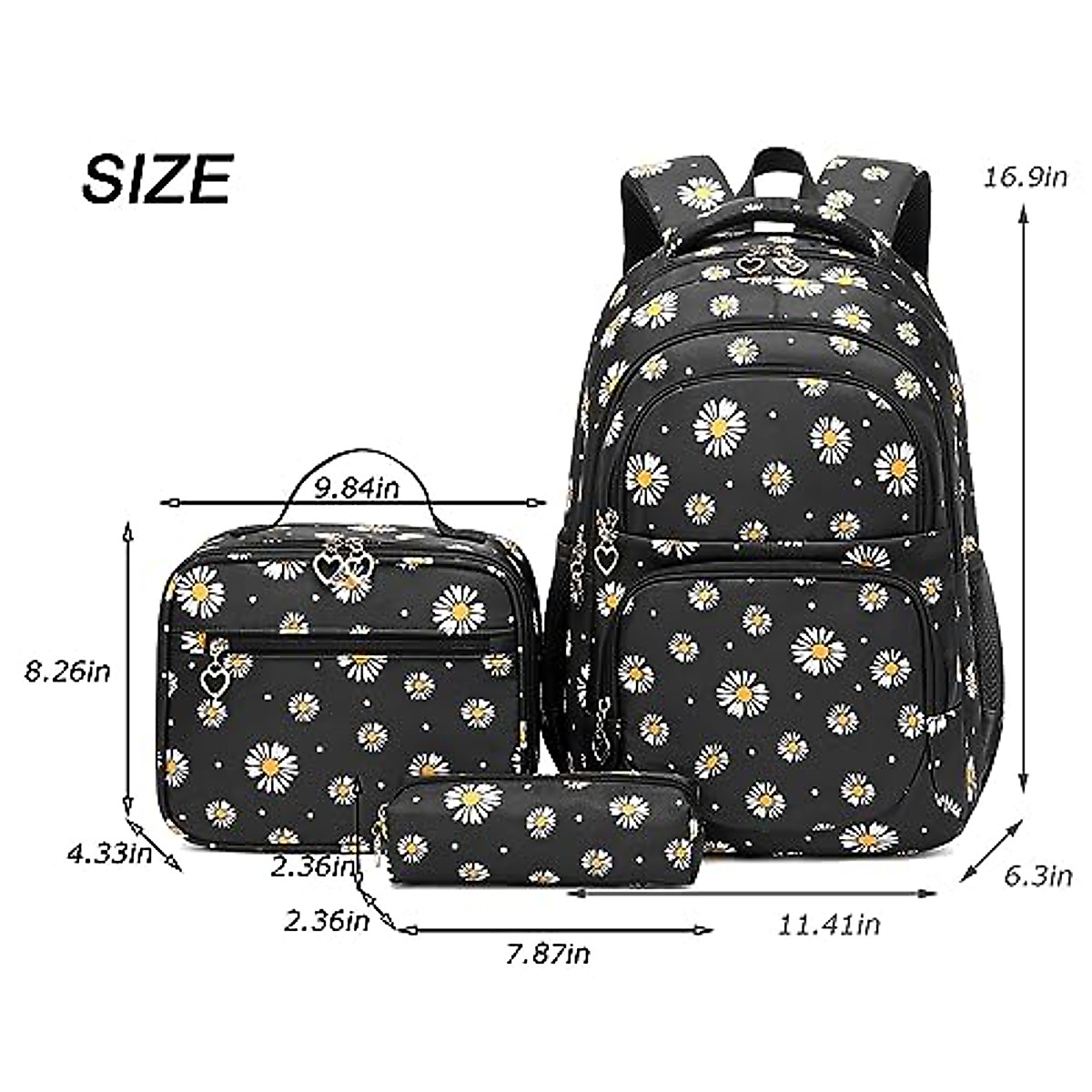 ZHIERNA School Backpack 3PCs Daisy Prints Set With Lunch Bag, Bookbags with Pen Case For Teen Girls Kindergarten Elementary（Black）