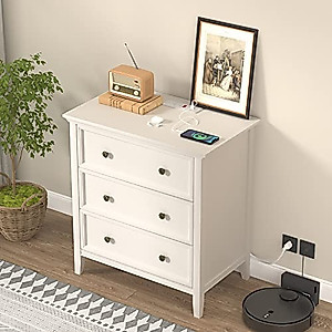 IKENO White Nightstand with 3 Drawers and Charging Station, Solid Wood Nightstand Organizer for Bedroom