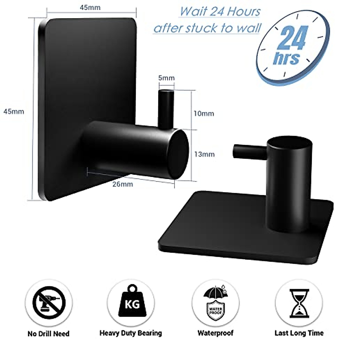 Adhesive Hooks Heavy Duty (4-Pack), Wall Hanging Hooks Hangers for Hat Keys Towel Robe Coats Bathrobes, Metal Sticky Black Wall Hook No Drill Easy to Mount in Bathroom Office Home Kitchen Closet